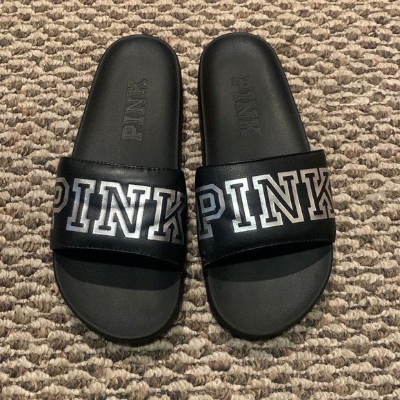 PINK Victoria's Secret | Shoes | Pink Slides Black With Silver Writing ...